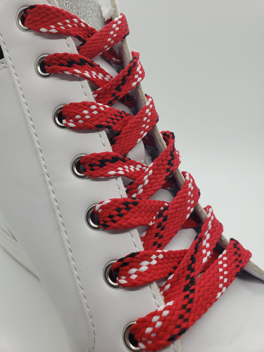 Flat Shoelaces - Red with Black and White Slashes – The Shoe Lace Factory