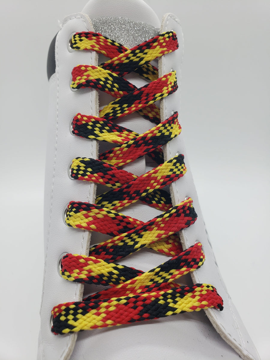 Flat Plaid Shoelaces- Red, Yellow and Black – The Shoe Lace Factory